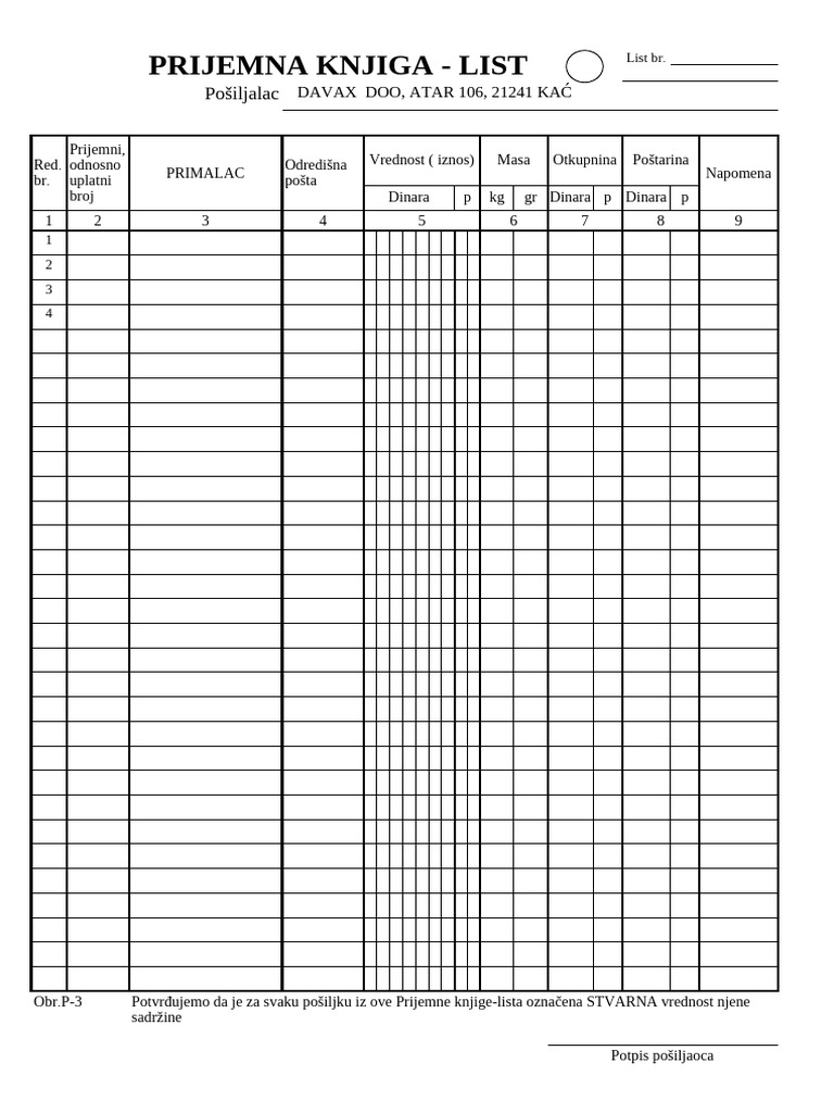 Prijemna Knjiga Obrazac | PDF