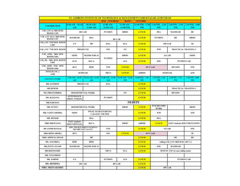 12 11 2024 Class Schedule | PDF