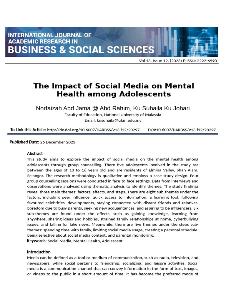The Impact of Social Media On Mental Health Among Adolescents | PDF ...