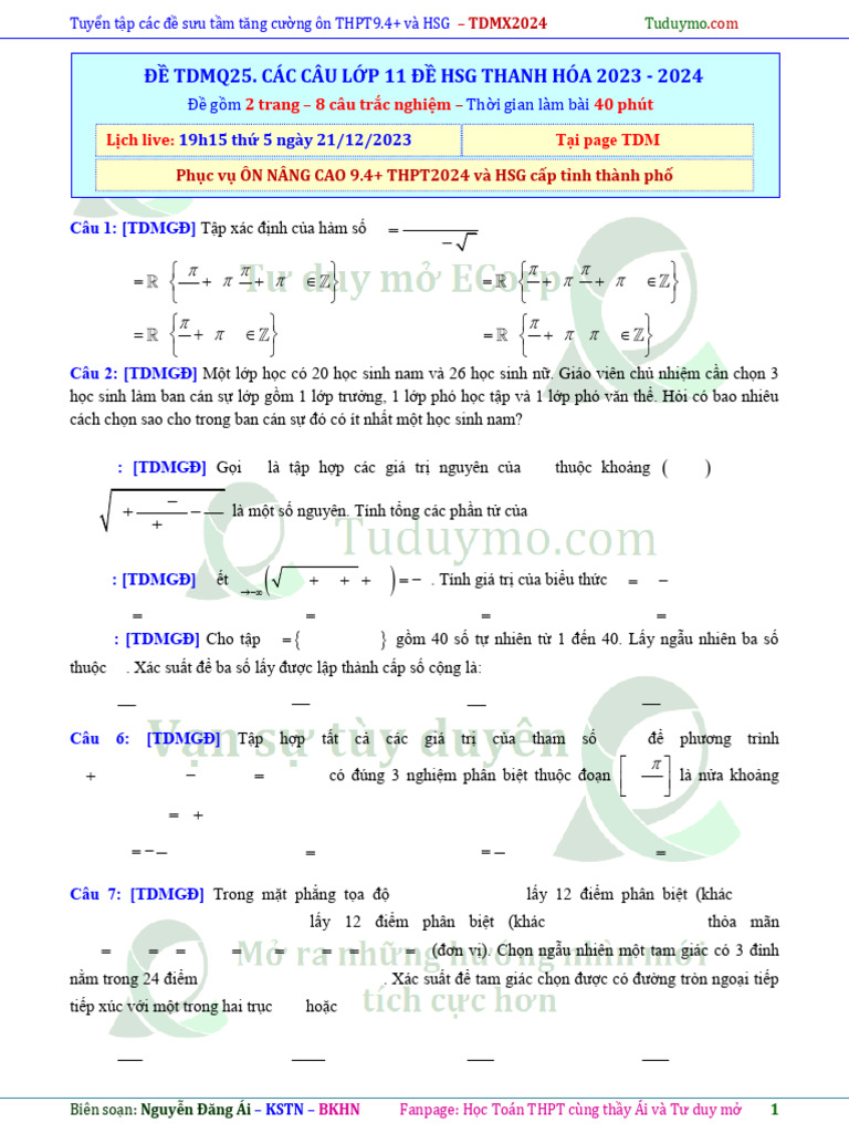 ĐỀ TDMQ25 - CÁC CÂU LỚP 11 - ĐỀ HSG THANH HÓA 2023 - 2024 | PDF