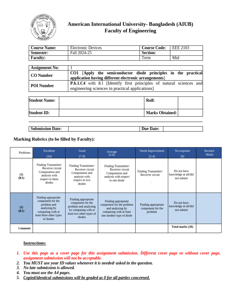 Electronic Device - CO1 - OBE Assignment | PDF | Diode | Electrical Network