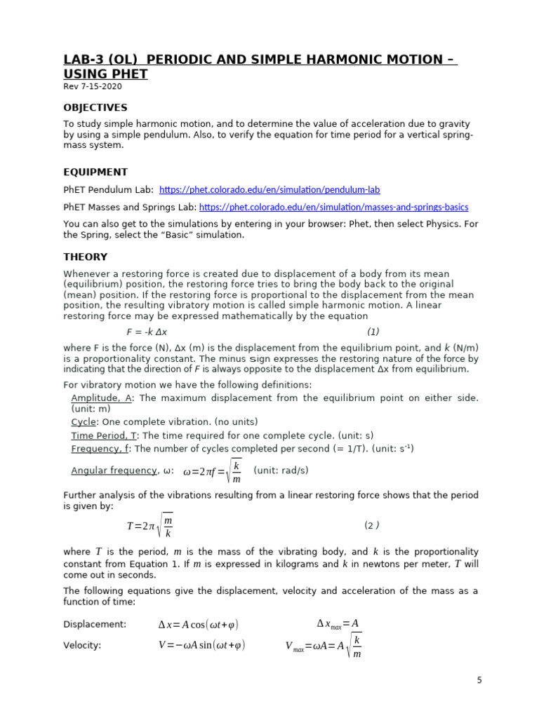 Lab-3 (OL) Periodic and Simple Harmonic Motion - Using PhET Simulation ...