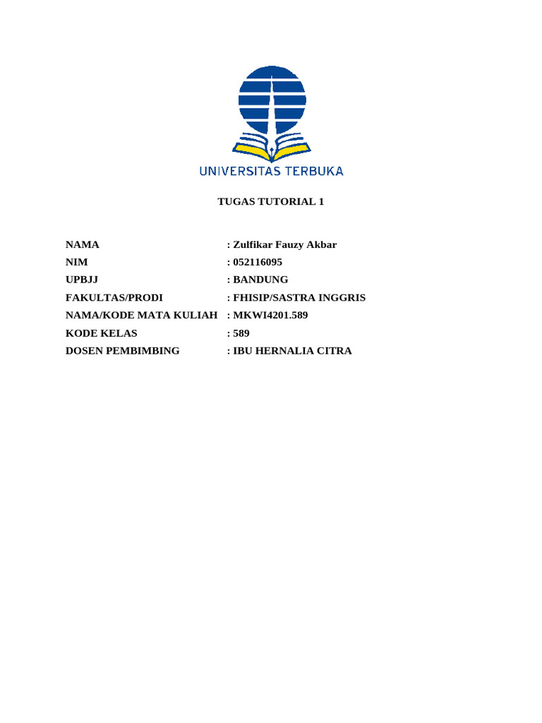 Contoh Cover Tugas TUTON | PDF