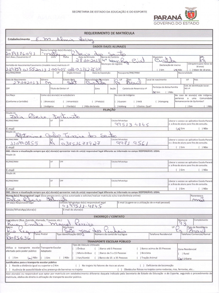 Requerimento De Matricula Pdf
