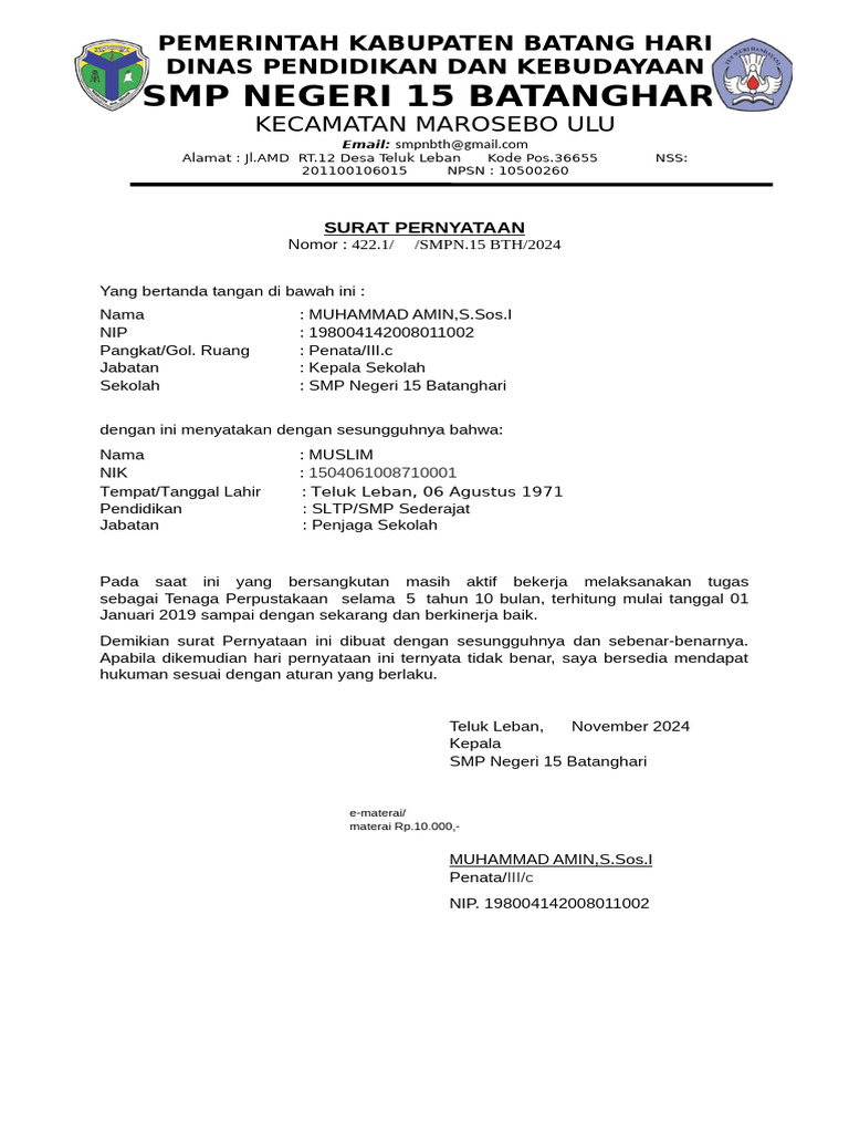 Surat Pernyataan Kepsek | PDF