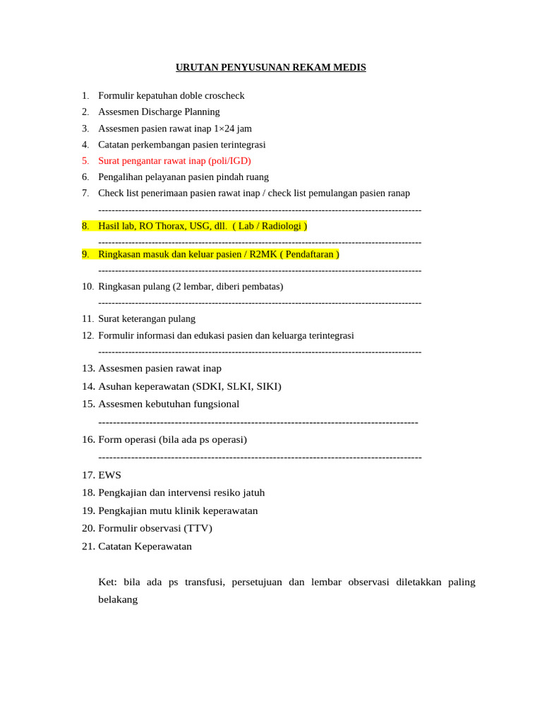 Urutan Penyusunan Rekam Medis Pasien | PDF