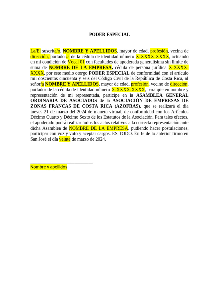Machote de Poder Especial Costa Rica | PDF