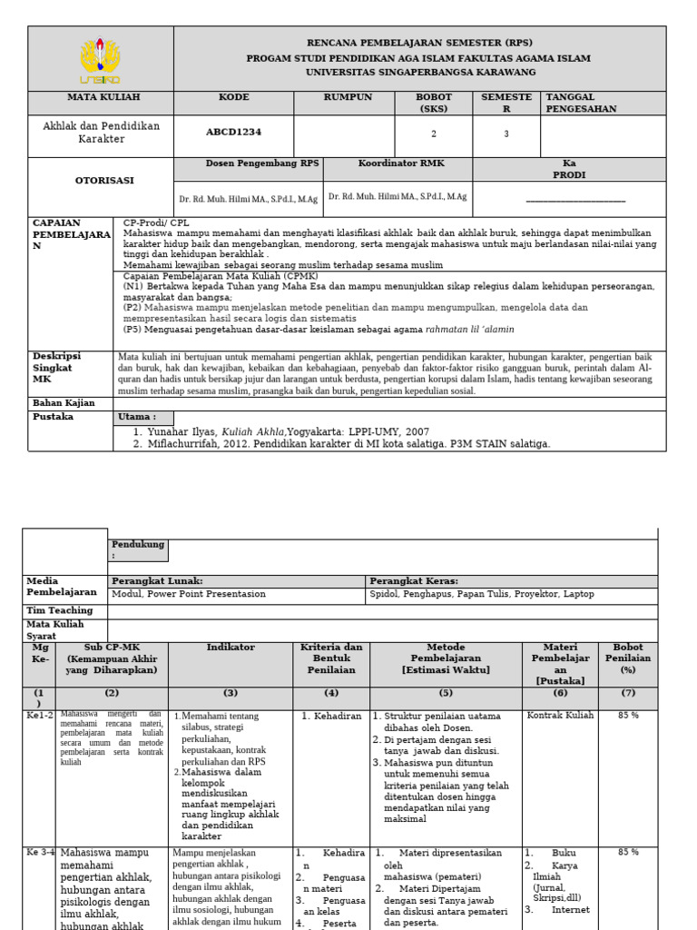 Akhlak & Karakter Islam: RPS PAI | PDF