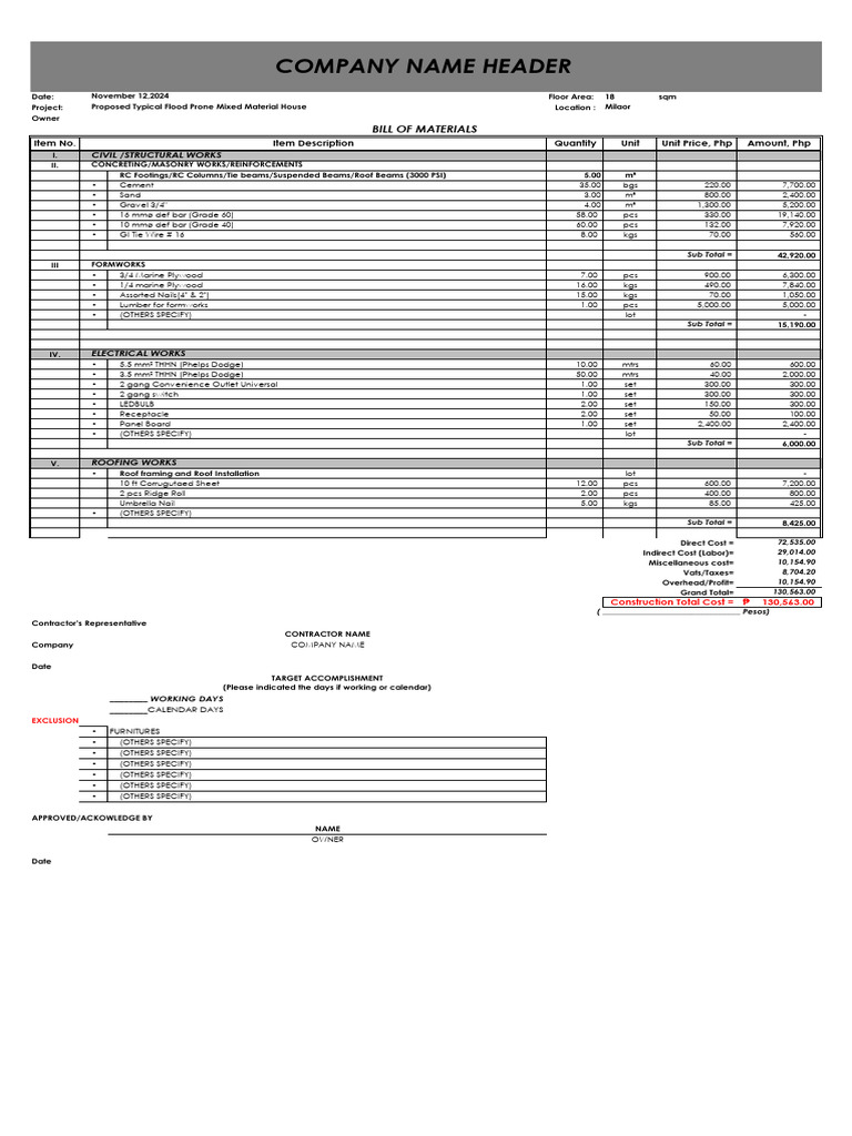Sample Bom Format MST - Flood Prone House | PDF | Architectural Design | Architecture