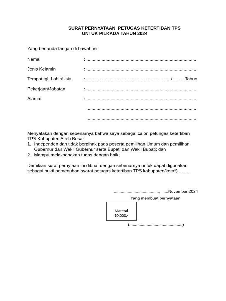 Surat Pernyataan Petugas Ketertiban TPS | PDF