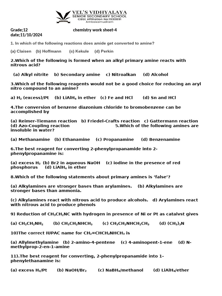 Grade 12TH Work Sheet -4 | PDF | Amine | Organic Chemistry