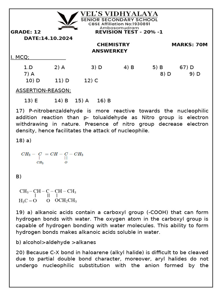 Grade 12 Chemistry Revision Test Answer Key | PDF | Amine | Carboxylic Acid