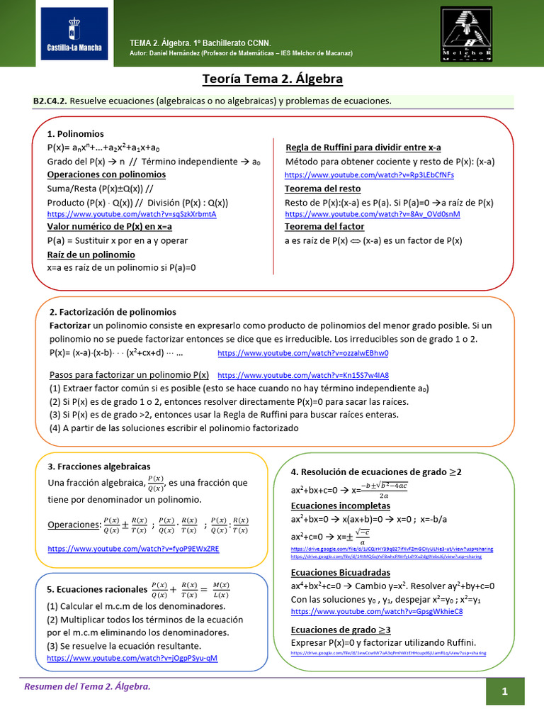Bach 1 CCNN T2 03 Resumen Algebra | PDF | Factorización | Ecuaciones