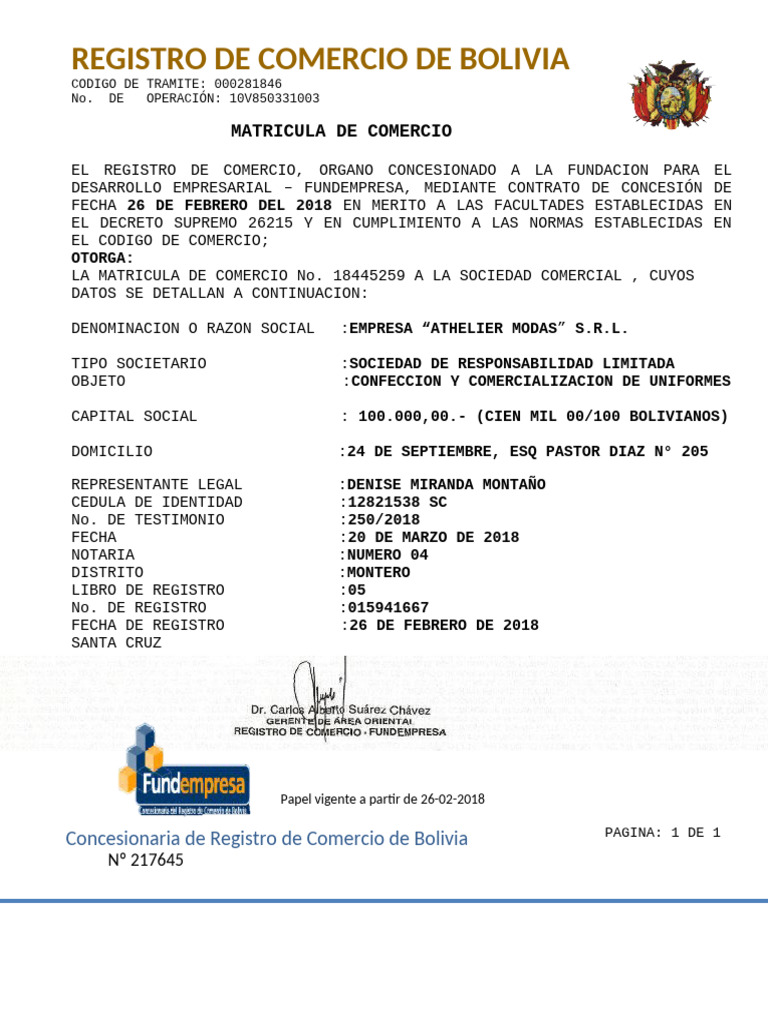Matricula-Comercio-De-Bolivia-Original | PDF