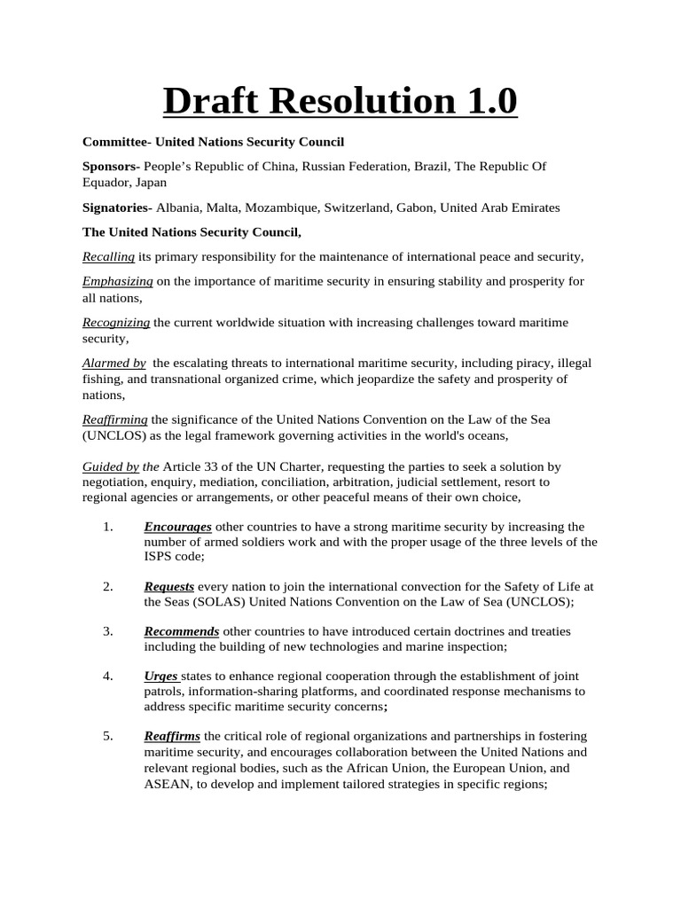 Draft Resolution 1 For MUN | PDF | United Nations Convention On The Law Of The Sea | United Nations