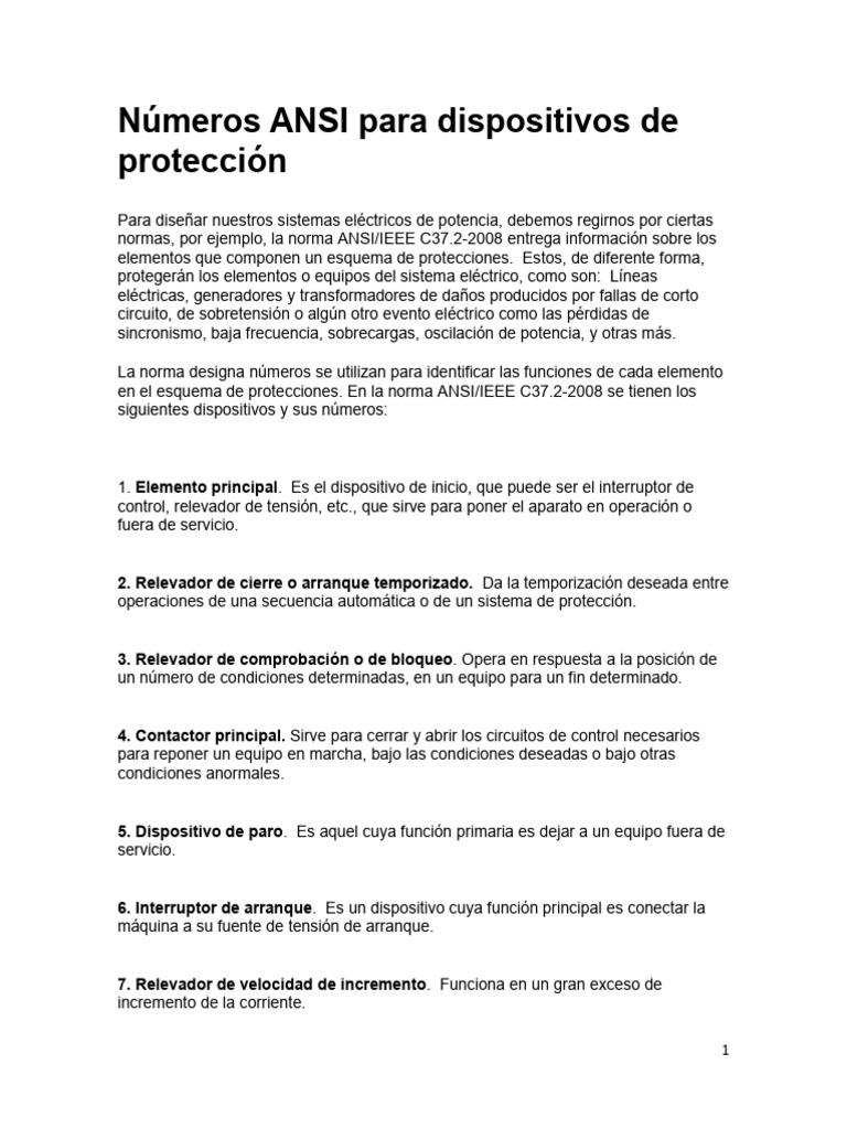 ANSI Números Dispositivos de Protección | PDF | Cambiar | Energia electrica