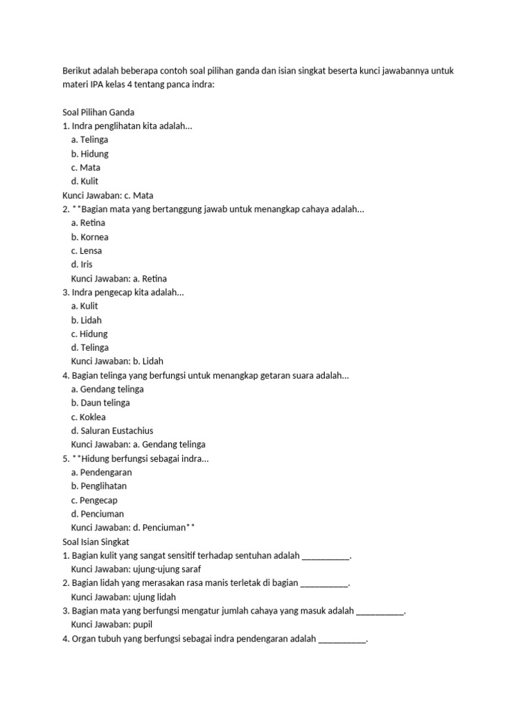 Soal dan Jawaban IPA Kelas 4: Panca Indra | PDF