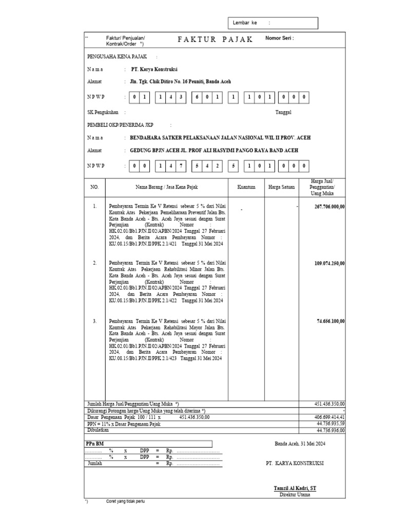 Faktur Pajak Retensi PT. Karya Konstruksi | PDF