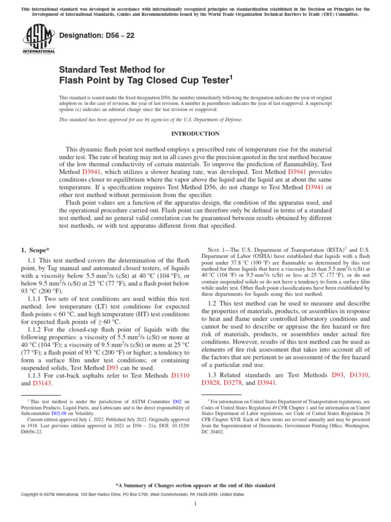 ASTM D0056-22 STM For Flash Point by Tag Closed Cup Tester | PDF ...