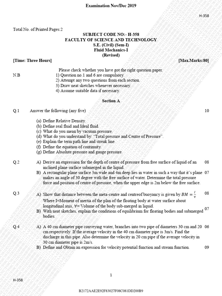 Btech Civil 3 Sem Fluid Mechanics 1 H 358 Dec 2019 | PDF