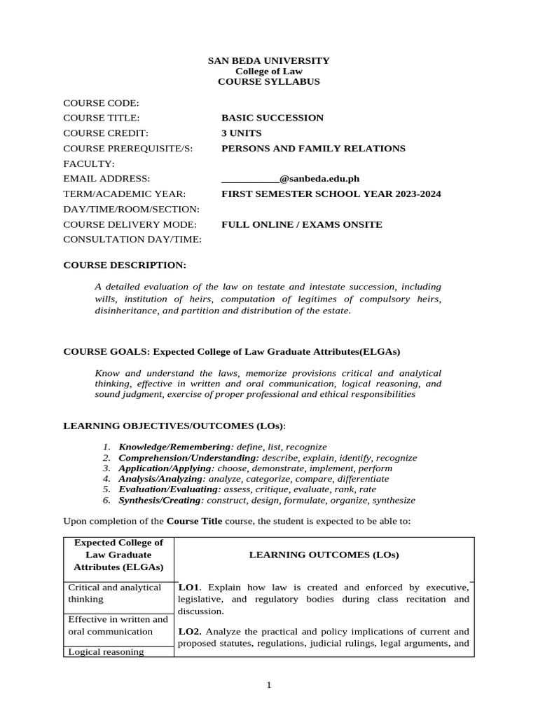2023 2024 Basic Succession Syllabus | PDF | Intestacy