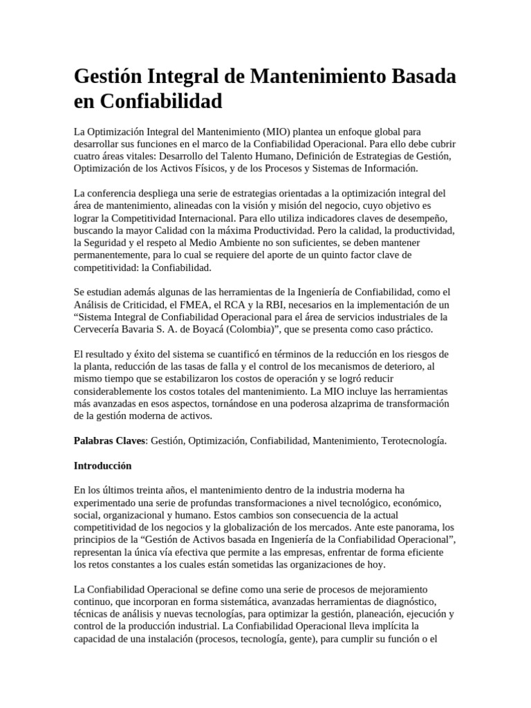 Gestión Integral de Mantenimiento Basada en Confiabilidad | PDF | Ingeniería de confiabilidad ...