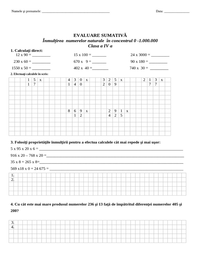 Test Inmultirea Clasa A 4 A | PDF