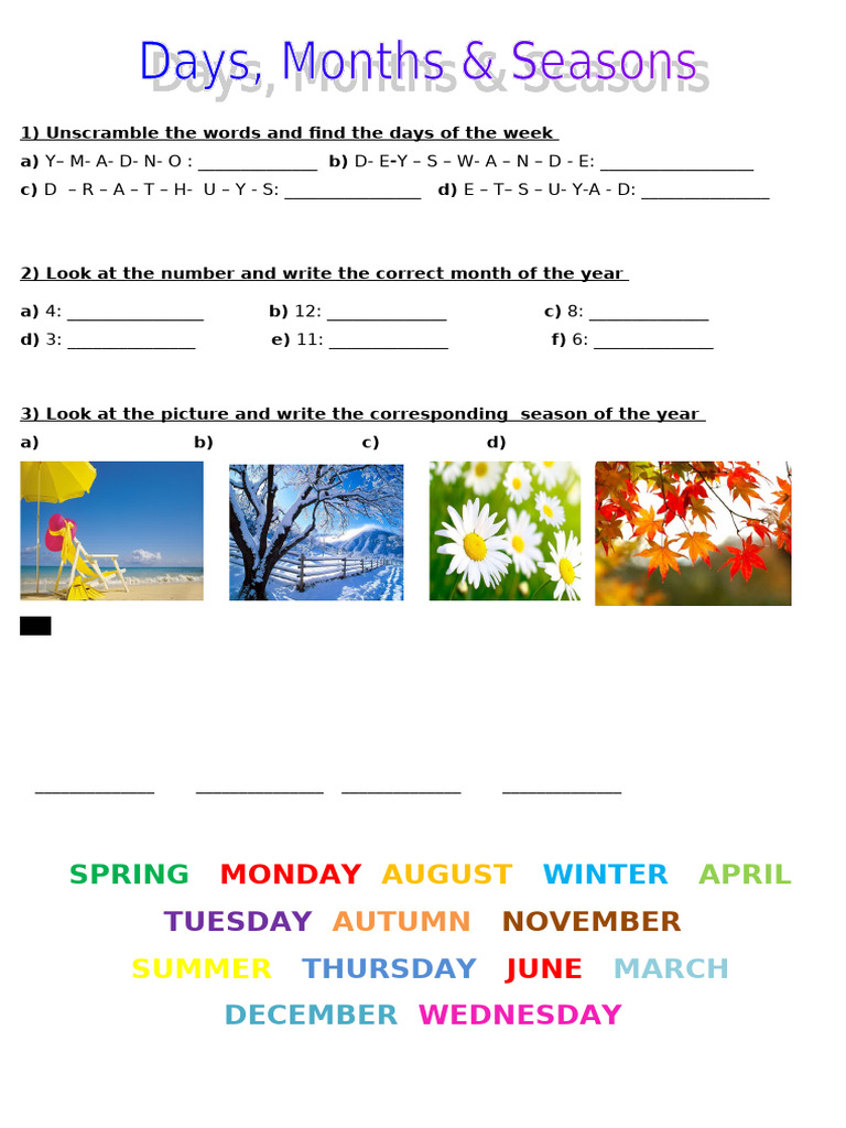Days, Months, and Seasons Worksheet | PDF