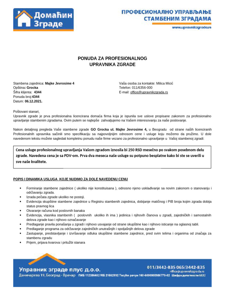 Ponuda Za Upravnika - Majke Jevrosime 4 | PDF