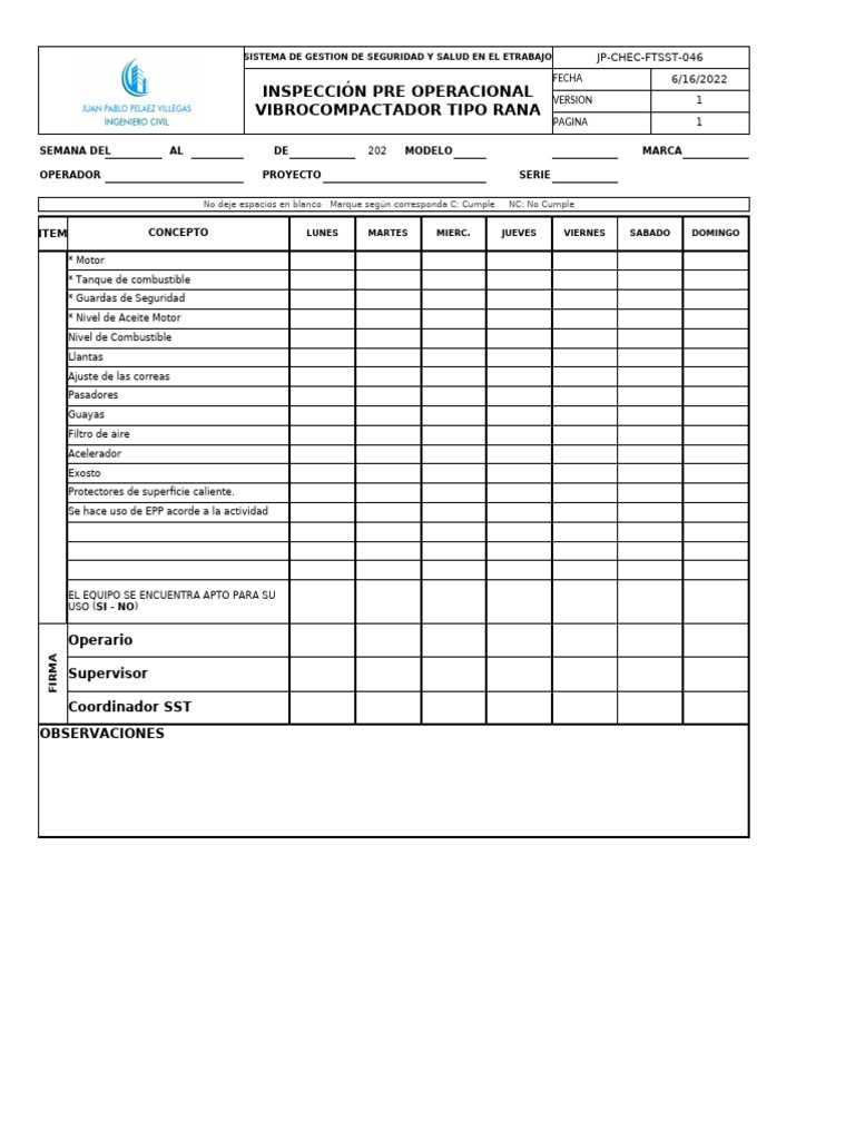 Jpv-Chec-Ftsst-046 Inspección Pre Operacional Vibro Rana | PDF