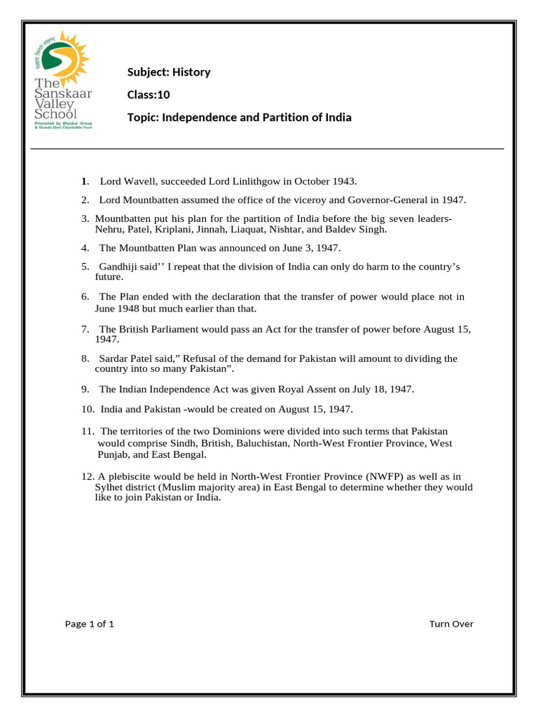 OL Independence and Partition of India 24-25 | PDF