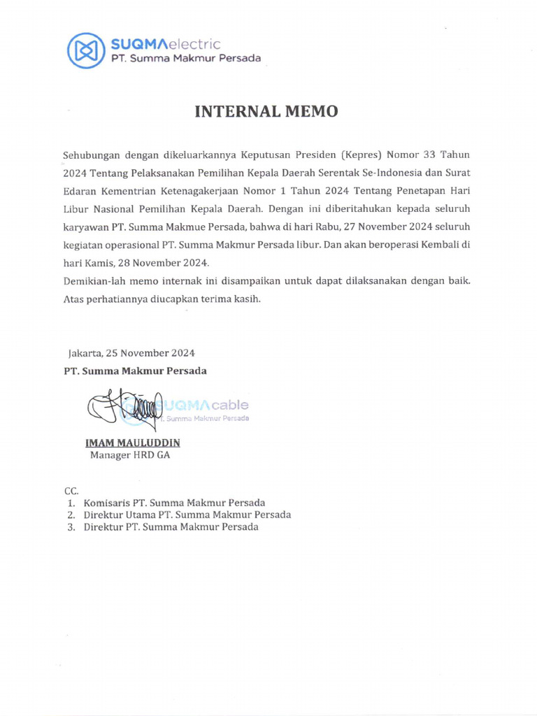 Informasi Libur PT. SMP 27 Nov 2024 | PDF