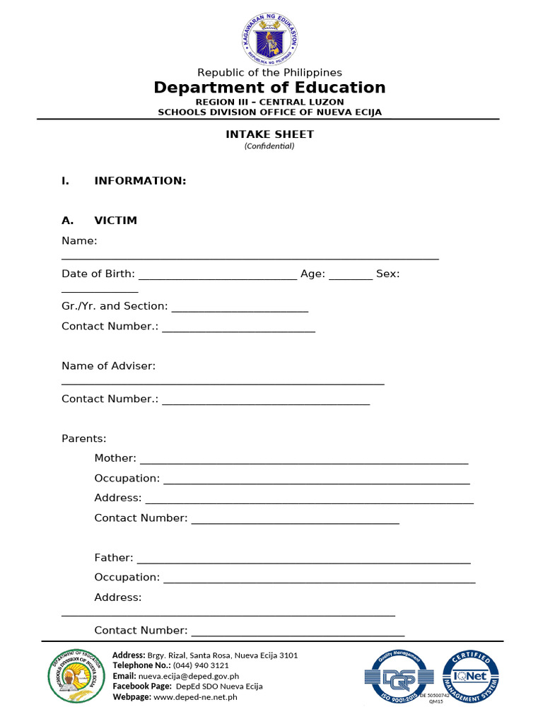 SDONE Child Protectio Intake Sheet - Annex A | PDF | Human Life Stages ...