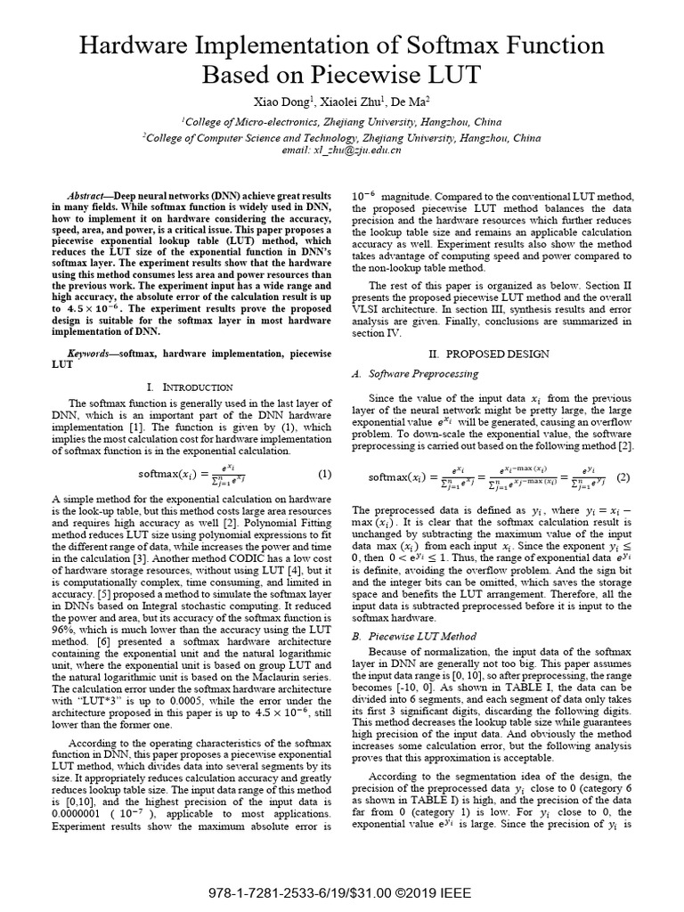 Hardware Implementation of Softmax Function Based On Piecewise LUT | PDF | Deep Learning ...