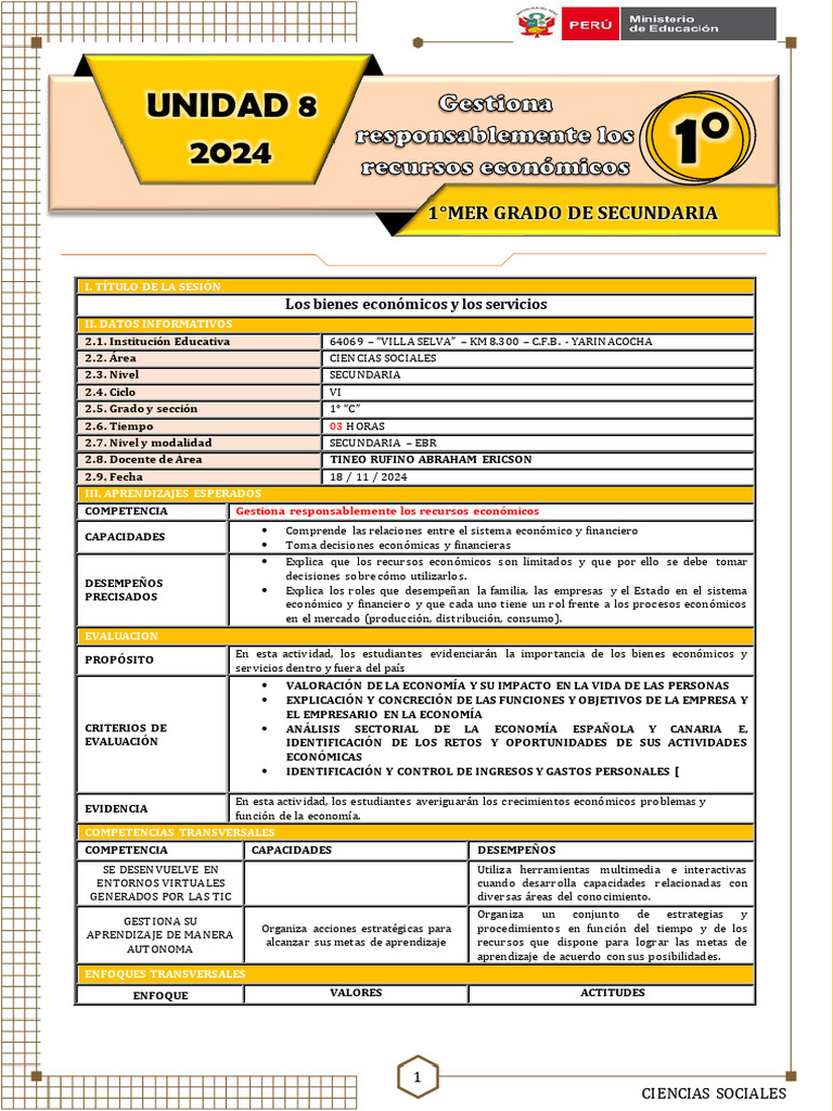 1º Sesiones Sem 1 Uni 8 - Ccss 2024 | PDF | Maestros | Aprendizaje