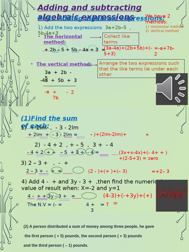 Adding and Subtracting Algebraic Expressions | PDF | Mathematics ...