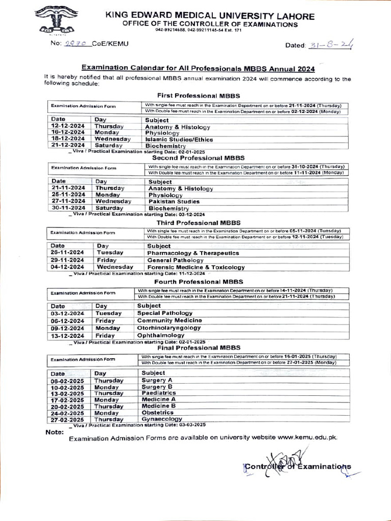 MBBS Exam Schedule 2024-2025 | PDF | Medical School | Medicine