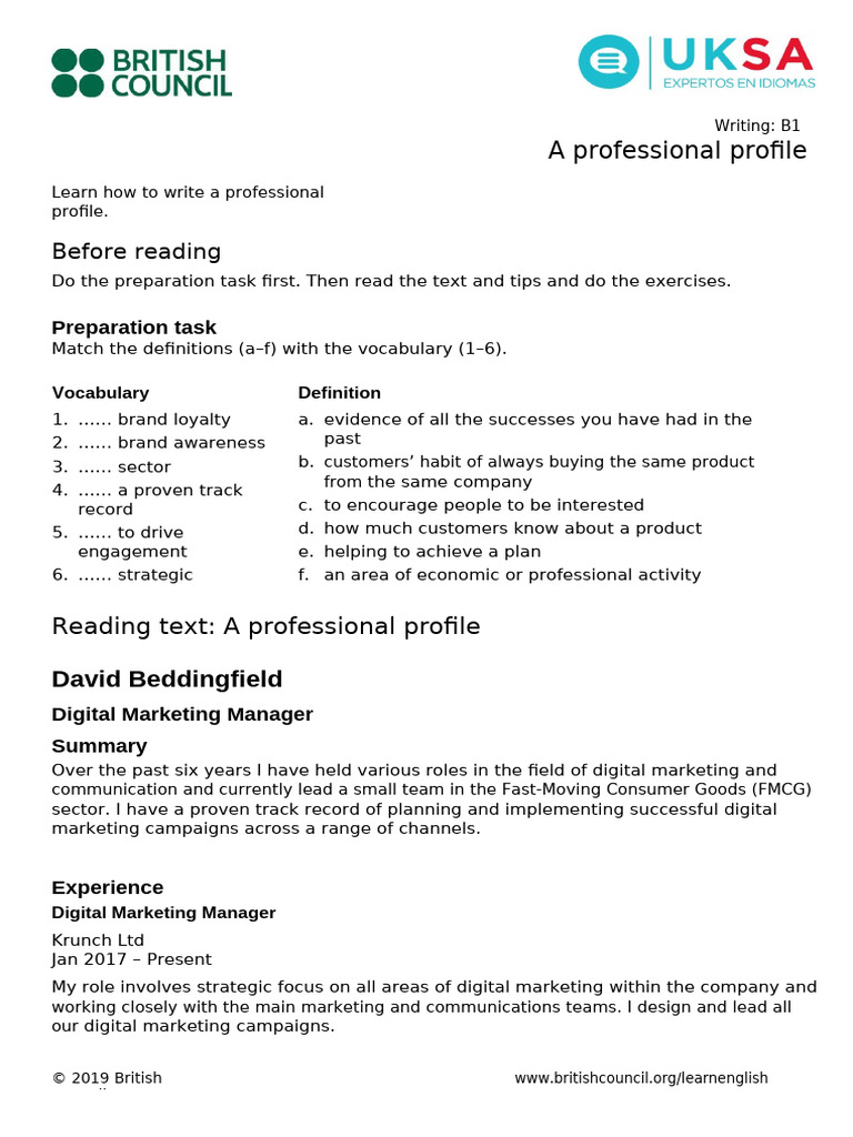 Writing a Professional Profile Guide | PDF | Digital Marketing | Marketing