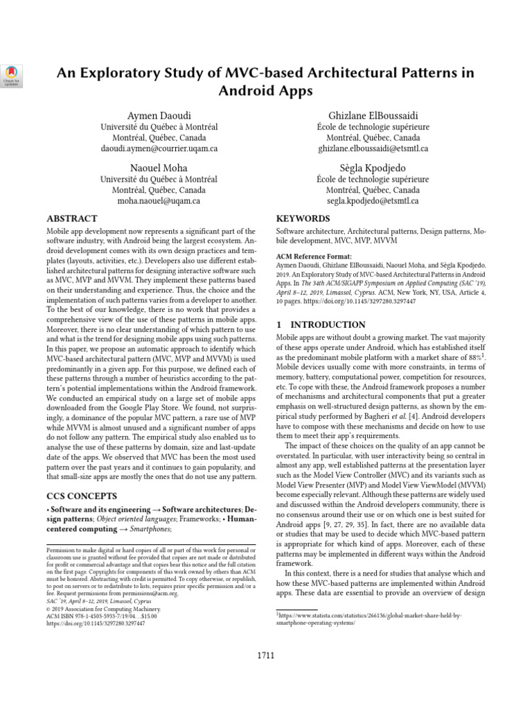 An Exploratory Study of MVC-based Architectural Patterns in Android Apps | PDF | Model–View ...