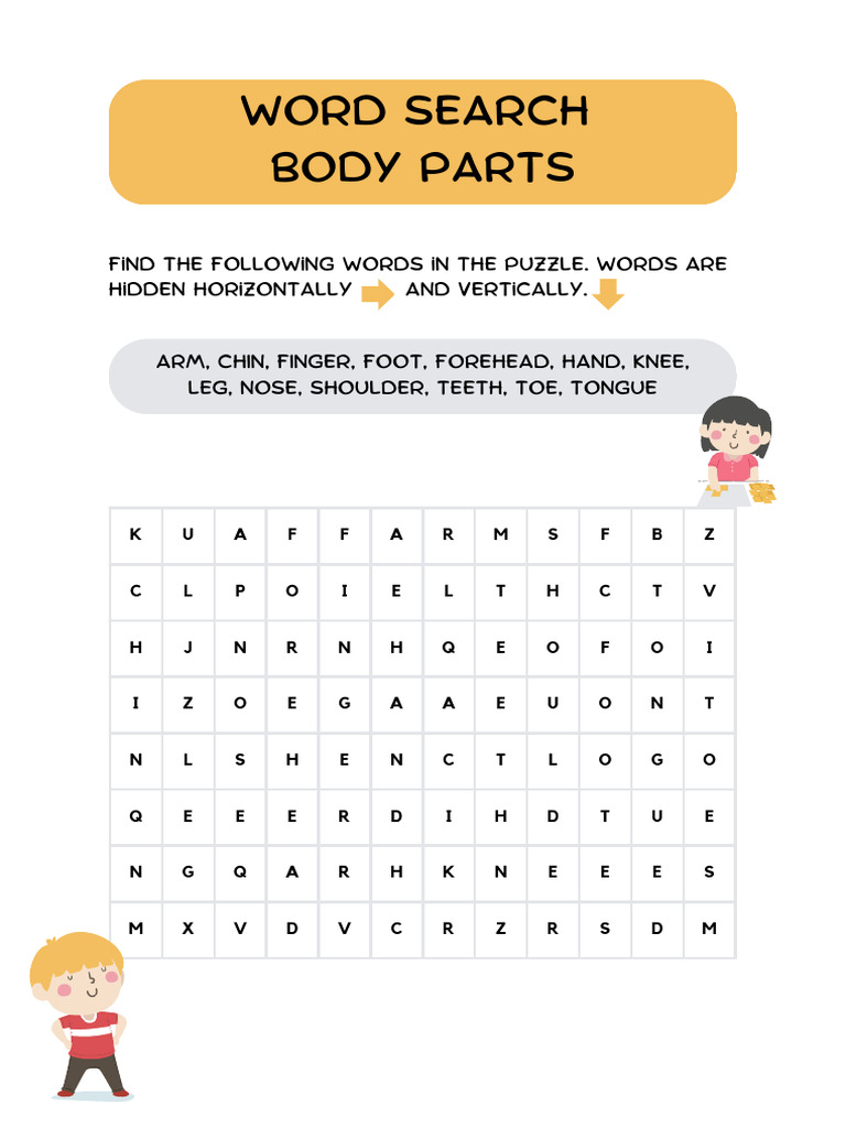 English Body Parts Word Search Worksheet in Yellow Cartoon Style | PDF