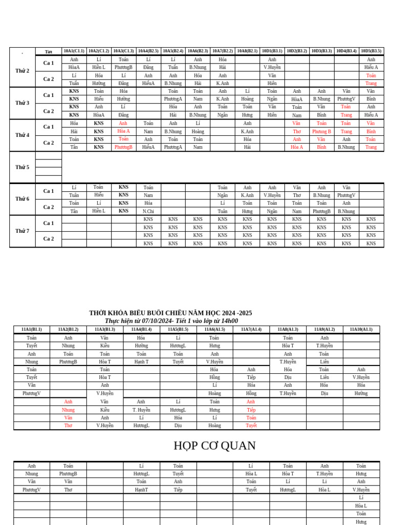 TKB CHIỀU Thuc Hien Tu 07-10-2024 HK1 | PDF