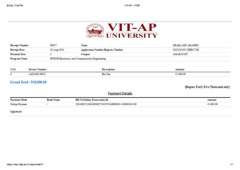 VIT Bus Fee (24-25) | PDF