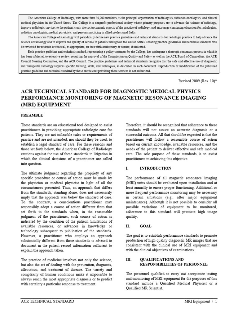 ACR MRI Equipment Performance Standards | PDF | Magnetic Resonance ...