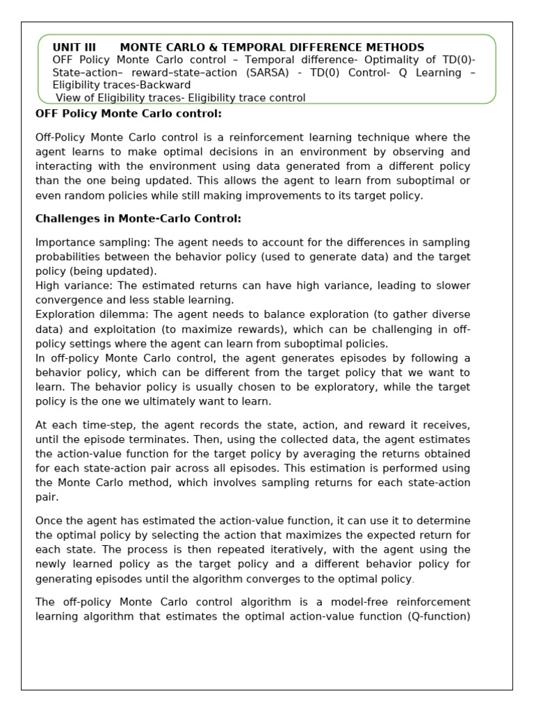 Unit Iii Monte Carlo & Temporal Difference Methods | PDF | Applied ...