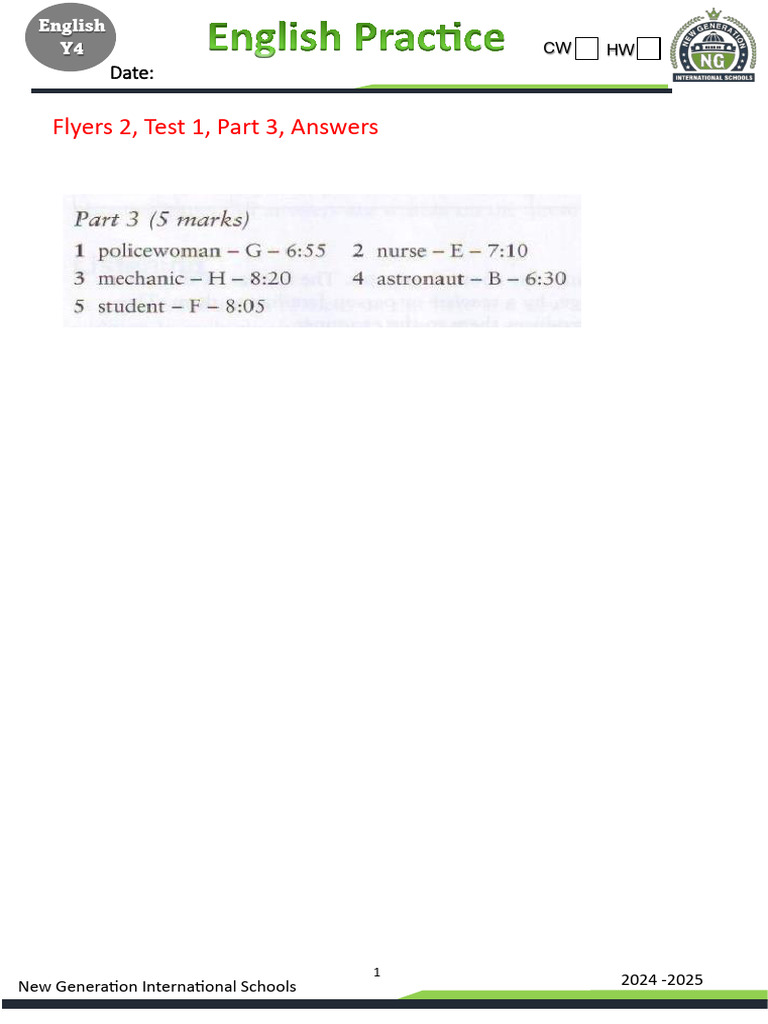 Flyers 2, Test1, Part 3 - Key Answer | PDF