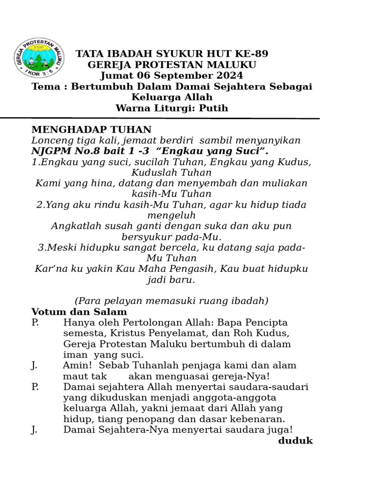 Tata Ibadah Syukur HUT GPM ke-89 | PDF