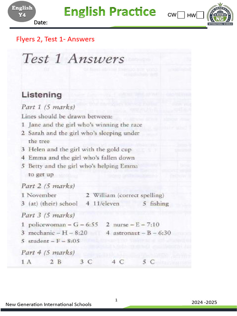 Flyers 2, Test1 - Key Answer | PDF