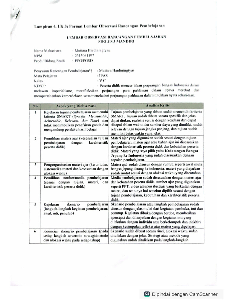 LK 3 - Lembar Observasi Rancangan Dan Perangkat Pembelajaran - Siklus 3 Mandiri - Mutiara ...