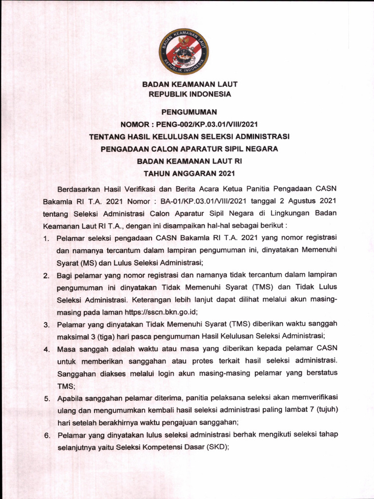 Pengumuman Kelulusan Administrasi CASN Bakamla RI 2021 | PDF