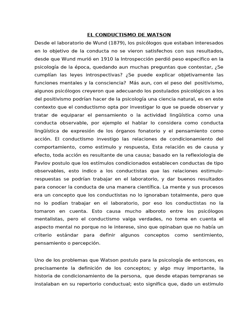 Conductismo de Watson | PDF | Behaviorismo | Sicología